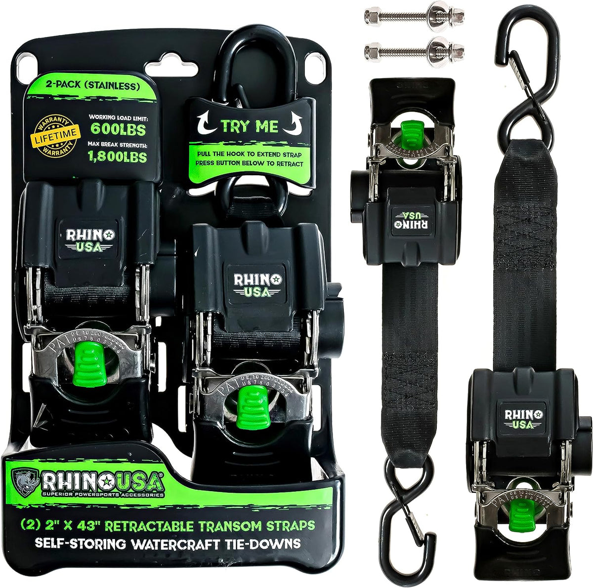 Retractable Boat Transom Tie-Down Straps (2" x 43' 2-Pack) - Rhino USA